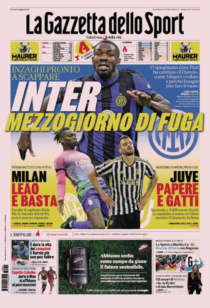 Today’s Papers – Juve horror show, Leao and that’s it, Inter escape ...