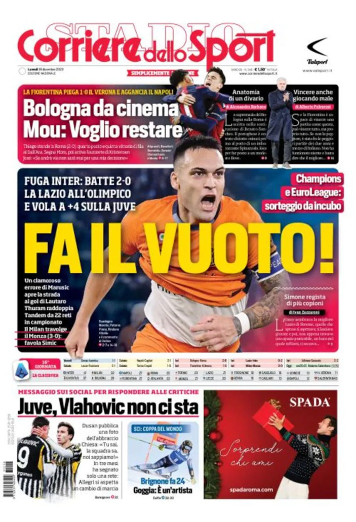 Today’s Papers – Inter running away, Simic fairy tale, Mou wants stay ...