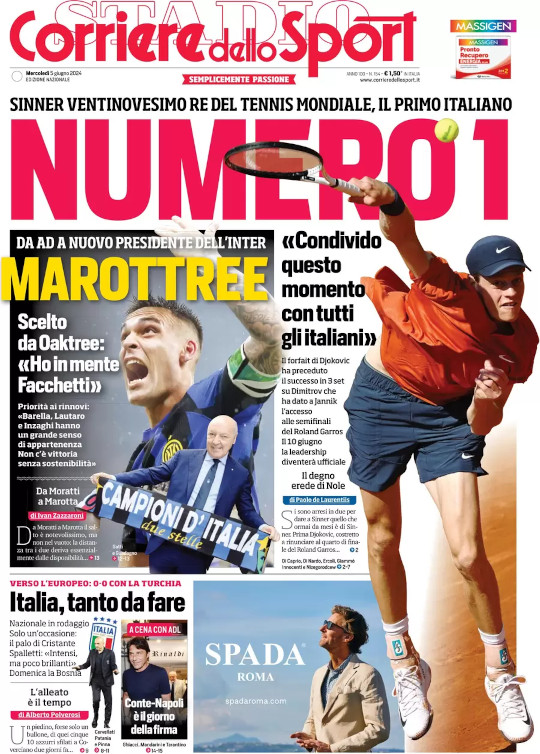 Today's Papers June 5 - Pale Azzurri, Marotta's Inter, Conte era begins ...