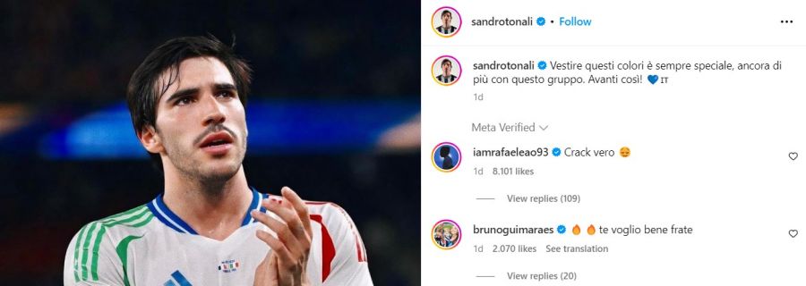 Rafael Leao and Bruno Guimaraes react to Tonali's Italy performance ...